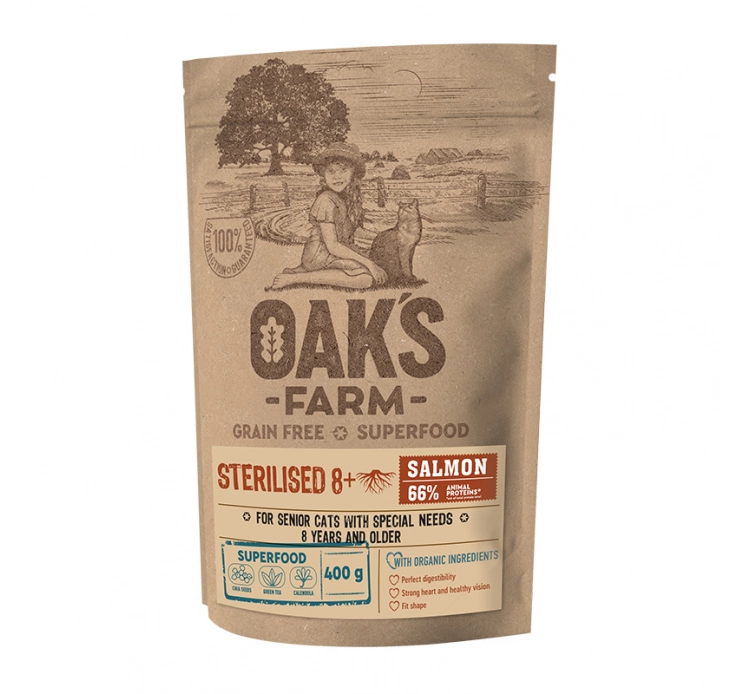 OAKS OAKS FARM Cat GF 8+ Sterilised Salmon 400g μόνο με 6.60