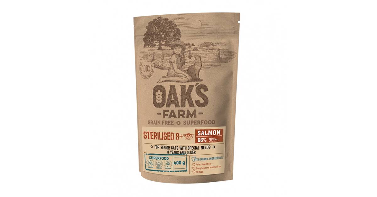 OAKS OAKS FARM Cat GF 8+ Sterilised Salmon 400g μόνο με 6.60